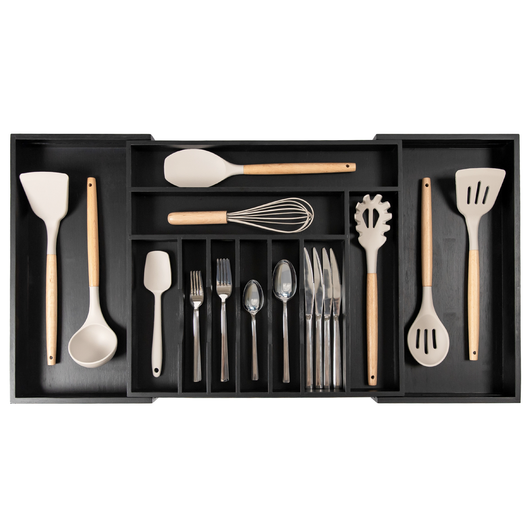 Bamboo Drawer Organizer for Silverware & Utensils - Black Finish (Expa ...